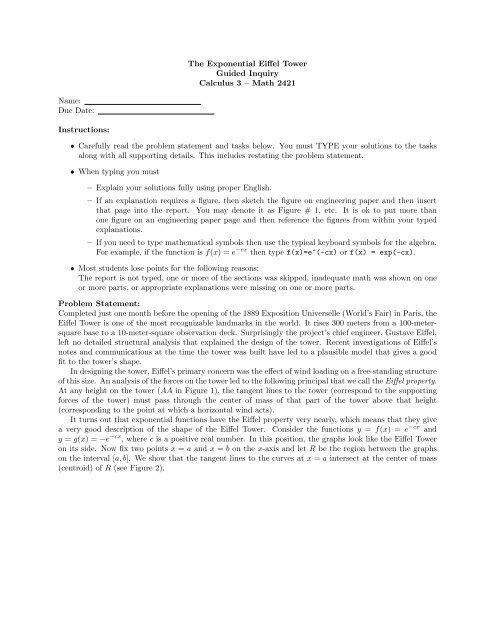 The Exponential Eiffel Tower Guided Inquiry Calculus 3 – Math 2421 ...
