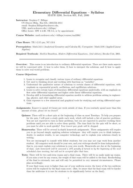 Elementary Differential Equations – Syllabus