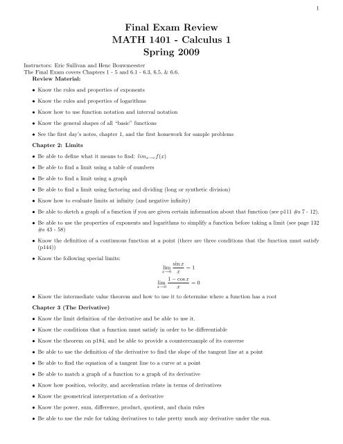 Final Exam Review MATH 1401 - Calculus 1 Spring 2009