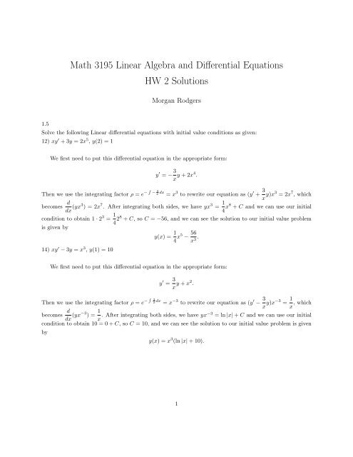 Math 3195 Linear Algebra and Differential Equations HW 2 Solutions