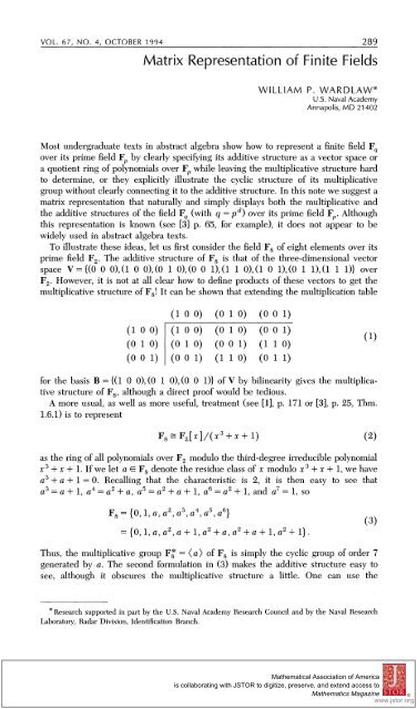 Matrix Representation of Finite Fields - MathDL - Mathematical ...