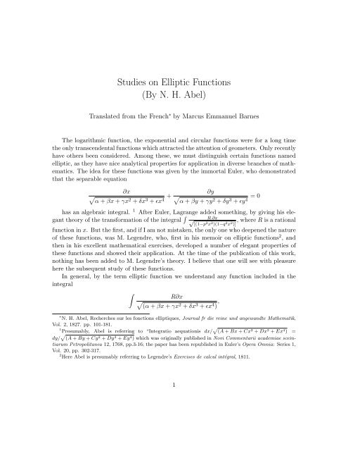 Studies on Elliptic Functions (By N. H. Abel) - MathDL