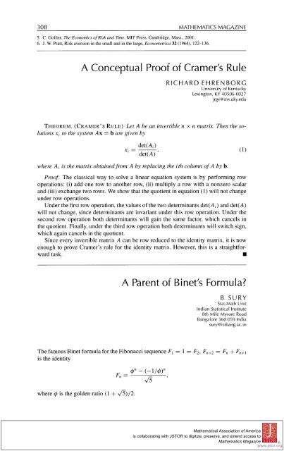 A Conceptual Proof of Cramer's Rule A Parent of Binet's Formula? A ...