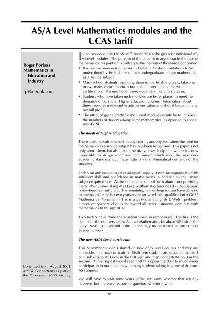 Level Mathematics modules and the UCAS tariff - Journals