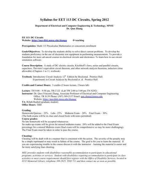 Syllabus for EET 113 DC Circuits, Spring 2012 - MavDISK