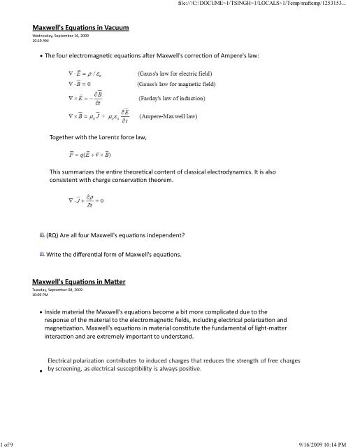 Maxwell's Equations in Vacuum Maxwell's Equations in Matter