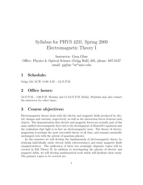 Syllabus for PHYS 4231, Spring 2009 Electromagnetic ... - Physics