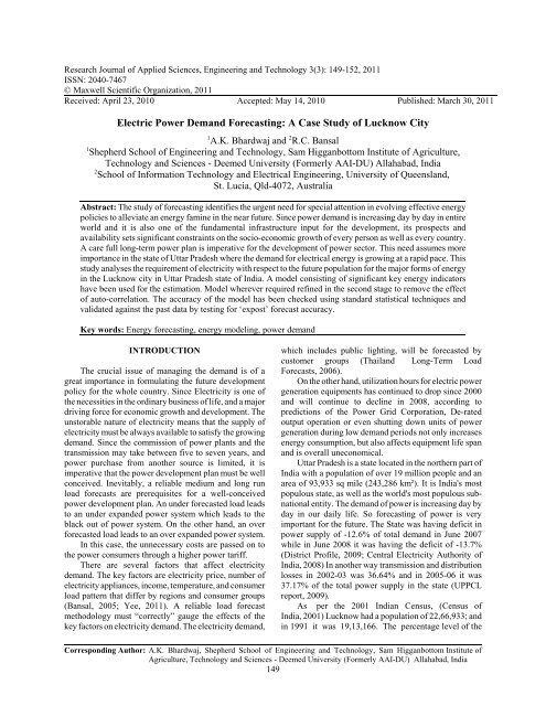 Electric Power Demand Forecasting: A Case ... - Maxwell Science
