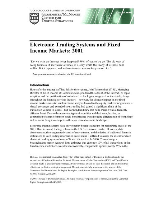 Electronic Trading Systems and Fixed Income Markets: 2001