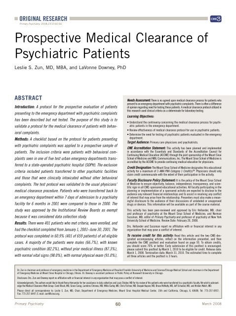 Prospective Medical Clearance of Psychiatric Patients - MBL ...