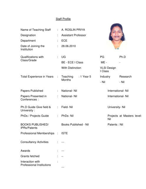Staff Profile Name of Teaching Staff : A. ROSLIN PRIYA Designation ...