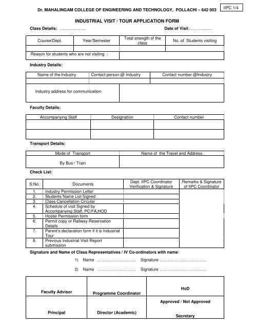 industrial visit / tour application form - Dr. Mahalingam College of ...