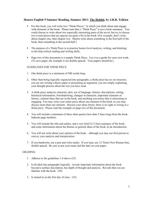 Freshman Summer Reading Assignment – HONORS ENGLISH 9