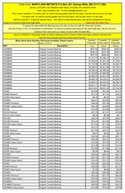 Bearing price list and order info - Maryland Metrics