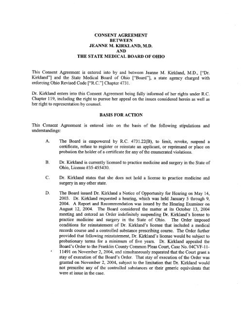 CONSENT AGREEMENT - State Medical Board of Ohio - State of Ohio