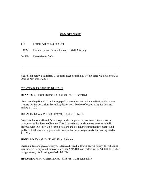 MEMORANDUM TO - State Medical Board of Ohio