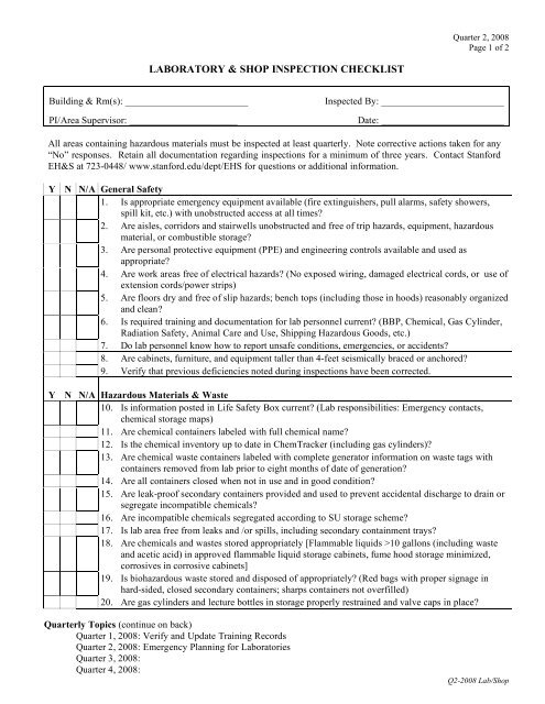 Lab & Shop Inspection Checklist