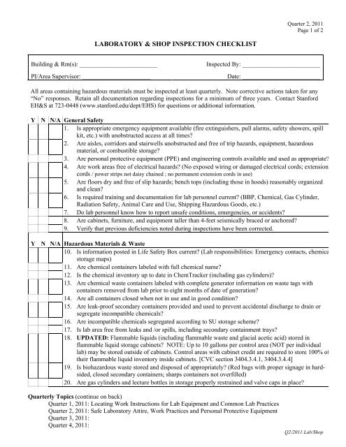 LABORATORY & SHOP INSPECTION CHECKLIST