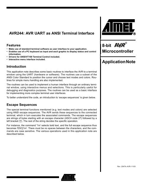 AVR244 AVR UART as ANSI Terminal Interface - Atmel Corporation