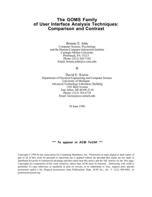 The GOMS family of user interface analysis techniques: comparison ...