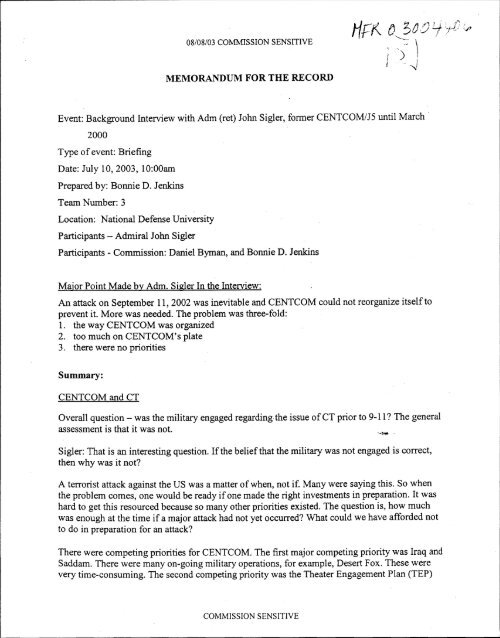 MEMORANDUM FOR THE RECORD