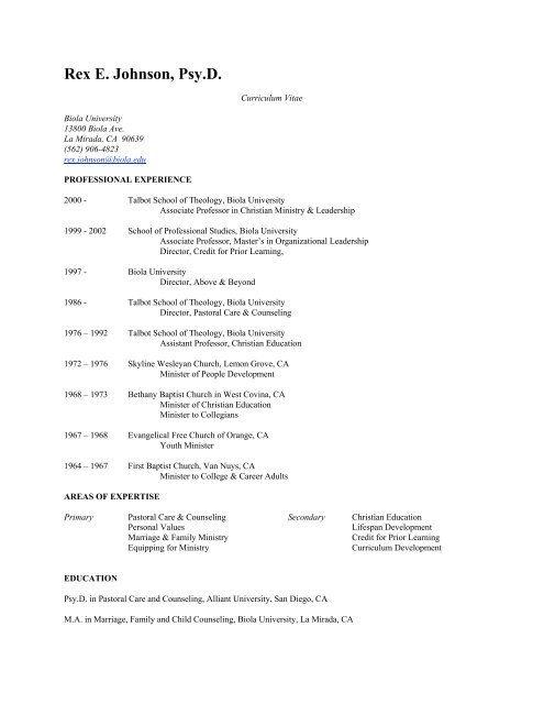 Rex E. Johnson, Psy.D. - Biola University