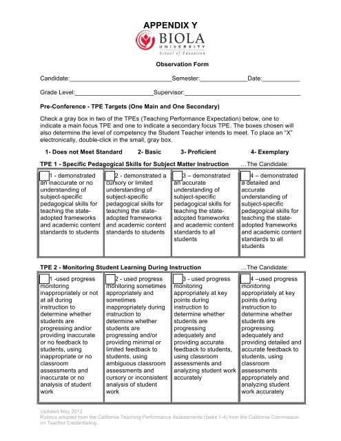 Appendix Y- Observation Form