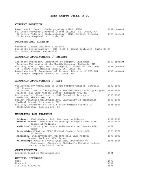 John Andrew Stith, M.D. CURRENT POSITION PROFESSIONAL ...