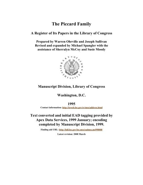 Piccard Family Papers [finding aid]. - American Memory - Library of ...