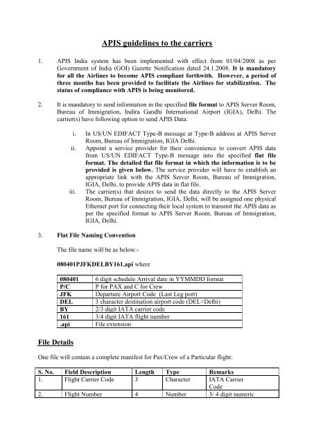 APIS guidelines to the carriers