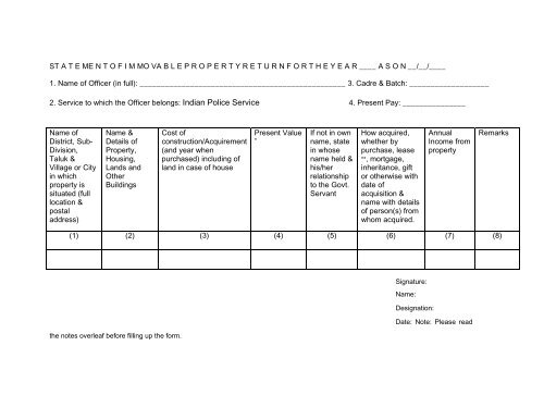 Proforma for filing Immovable Property Return