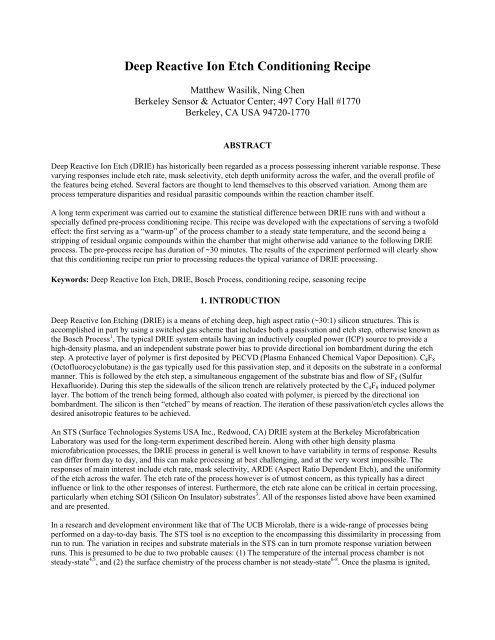 Deep Reactive Ion Etch Conditioning Recipe - Berkeley Microlab