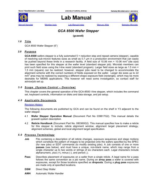 Chapter 4.04 - GCA 8500 Wafer Stepper - Berkeley Microlab