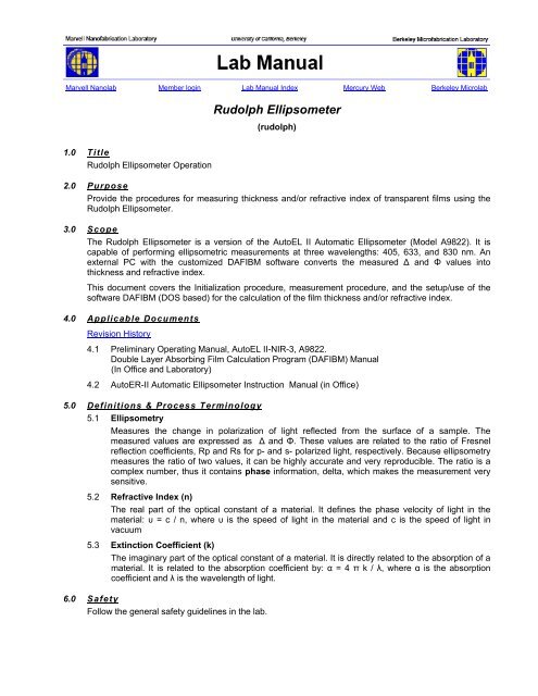 Chapter 8.31 - Rudolph Ellipsometer - Berkeley Microlab