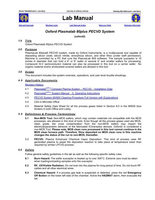 Oxford Plasmalab 80plus PECVD System - Berkeley Microlab