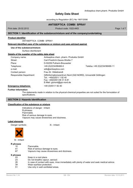 Safety Data Sheet Combi Spray - Antiseptica