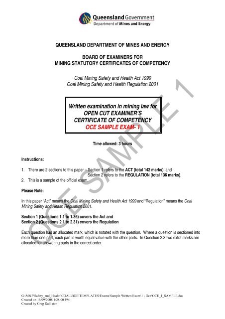 Open cut examiner - Queensland Mining and Safety