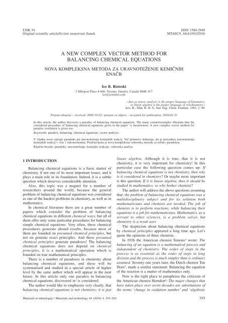 a new complex vector method for balancing chemical equations