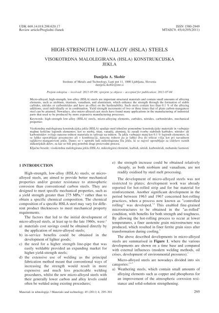 high-strength low-alloy (hsla) steels - materiali in tehnologije