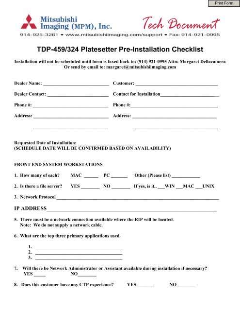 TDP-459/324 Platesetter Pre-Installation Checklist - MItsubishi ...