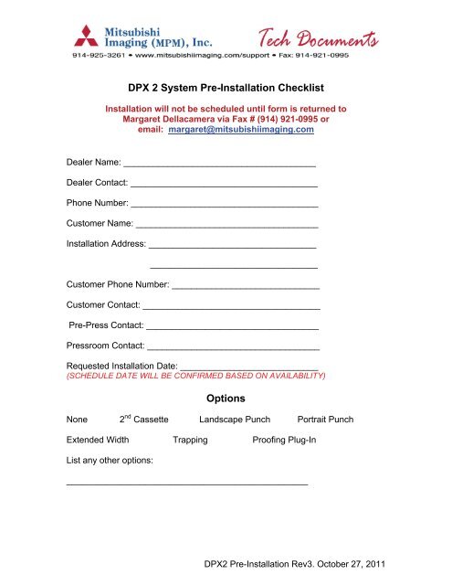DPX 2 System Pre-Installation Checklist Options - MItsubishi Imaging