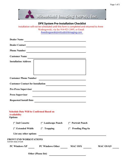 DPX System Pre-Installation Checklist - MItsubishi Imaging