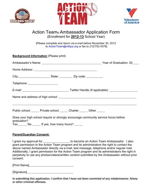 Action Team® Ambassador Application Form - MLB.com