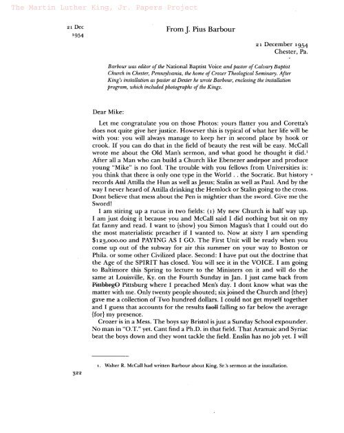 From J. Pius Barbour The Martin Luther King, Jr. Papers Project