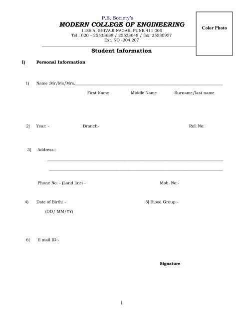 Student information form - Modern College of Engineering