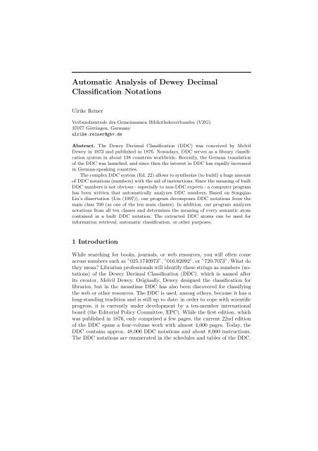 Automatic Analysis Of Dewey Decimal Classification Notations Gbv