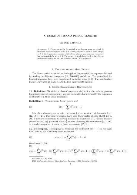 A TABLE OF PISANO PERIOD LENGTHS 1. Variants of the Main ...