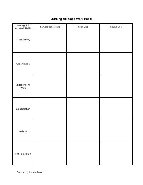 Learning Skills and Work Habits - Mrs. Bader's Classroom