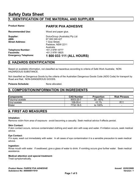 Parfix Pva Adhesive MSDS
