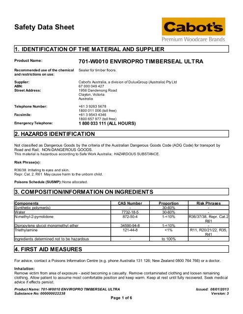 enviropro timberseal ultra (701-w0010) - MSDS